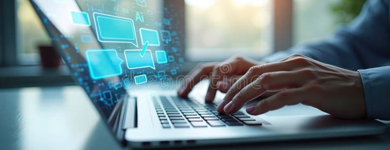 Person Types on Laptop. AI Virtual Assistant Appears on Screen. Prompt ...