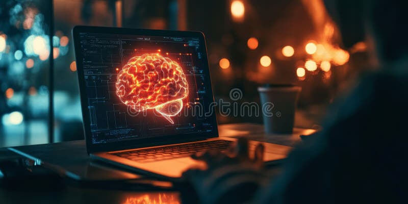A Person Types on a Laptop with a Brain Displayed on the Screen Stock ...