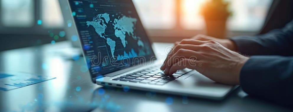Person Types on Laptop. Business Analytics, Global Digital ...