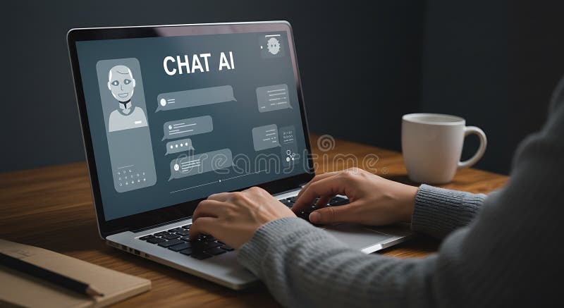 A Person Types on a Laptop with a "CHAT AI" Interface Displayed on the ...