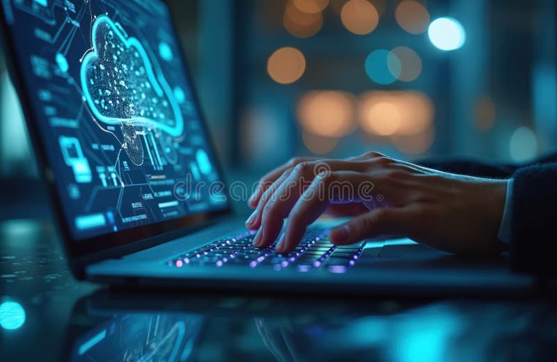 Person Types on Laptop. Complex Network Topology Diagram Visible on ...