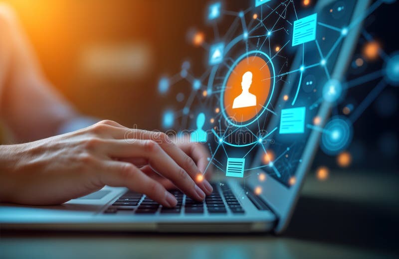 Person Types on Laptop Computer. Digital Online Recruitment Tech ...