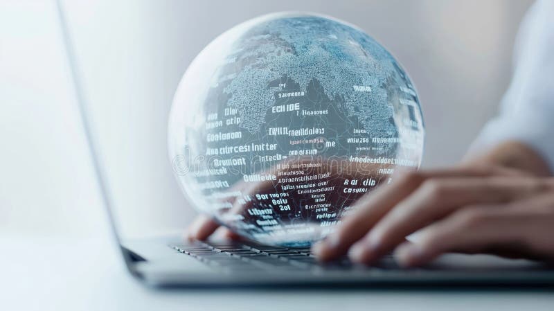 Person Types on Laptop with Digital Globe in Front of. Global ...