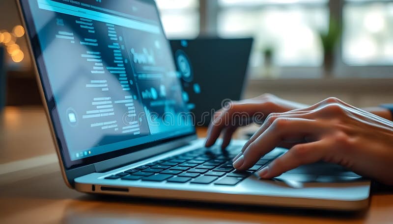 A Person Using a Computer with Displayed Data Information Stock ...