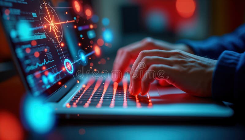 Person Types on Laptop with Dynamic Display Showing Data Visualizations ...