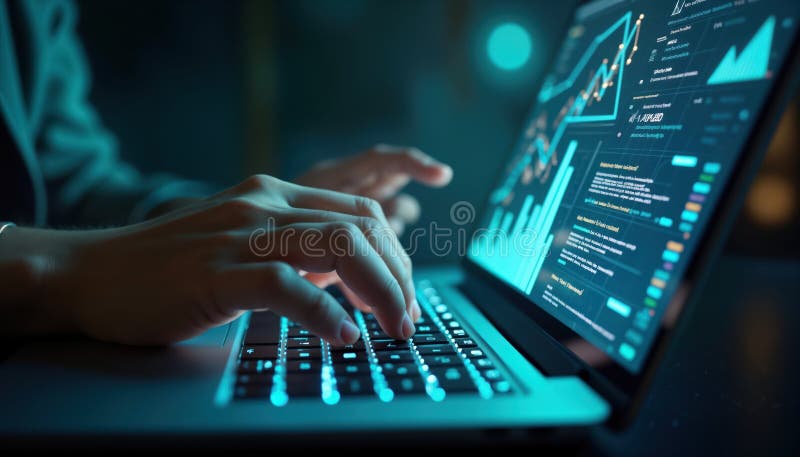 Person Types on Laptop with Glowing Keyboard, Screen Displaying Data ...