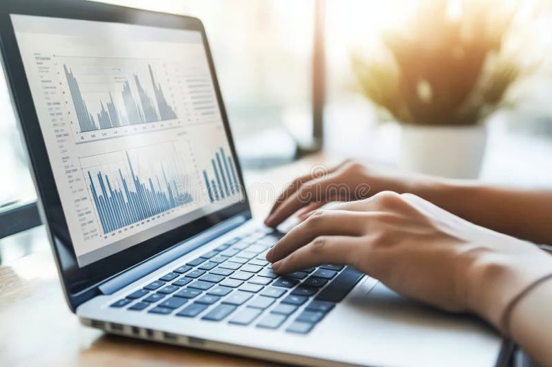 A Person Types on a Laptop with a Graph Displayed on Screen Stock ...