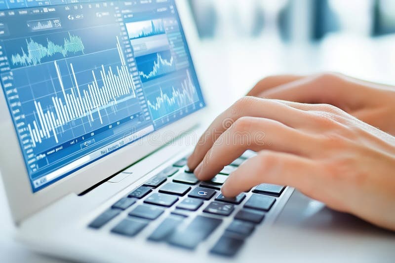 A Person Types on a Laptop with a Graph Displayed on Screen Stock ...