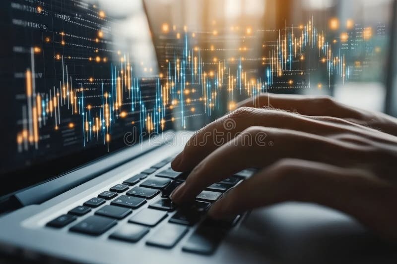 A Person Types on a Laptop with a Graph Displayed on Screen Stock ...