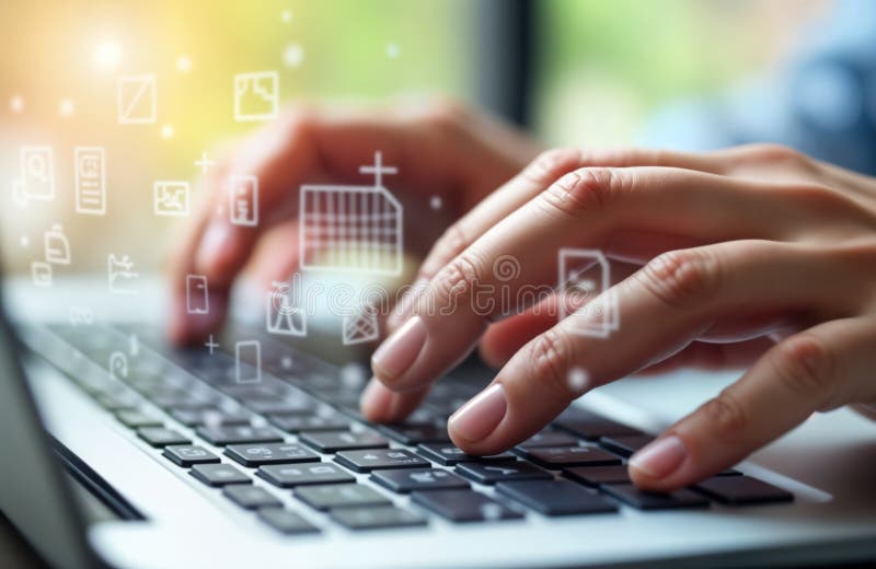 Person Types on Laptop. Hands Type on Keyboard. Document Icons Float ...