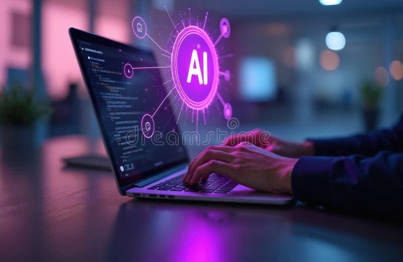 Person Types on Laptop Keyboard with AI Icon, Artificial Intelligence ...