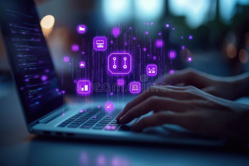 Person Types on Laptop. Modern Tech Integration in Business. Digital ...