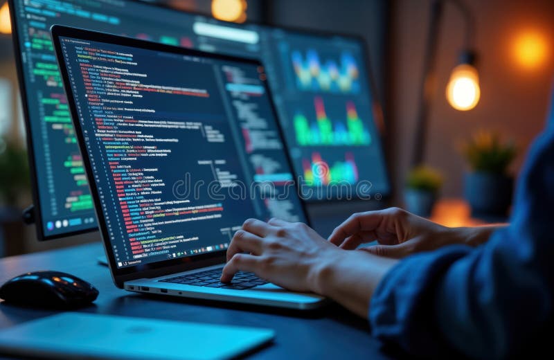 Person Types on Laptop with Multiple Screens Showing Code, Data ... Person Types on Laptop with Multiple Screens Showing Code, Data ...