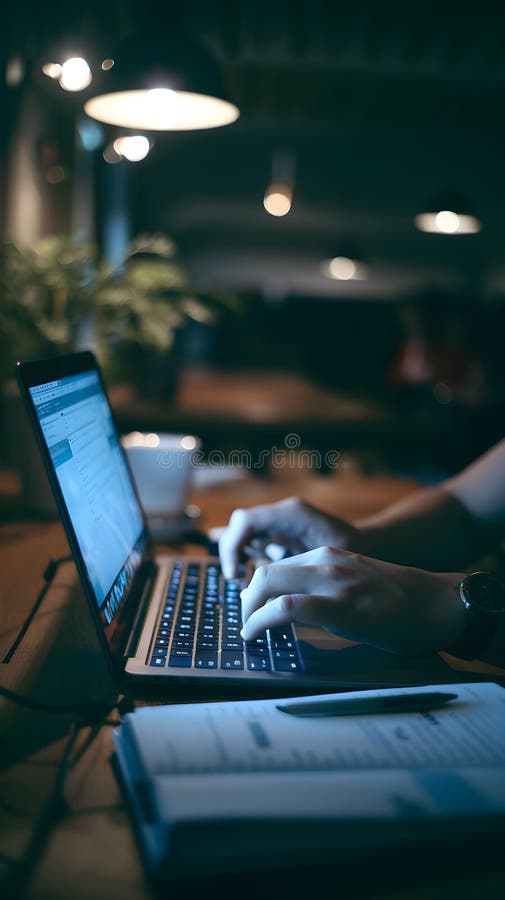 Person Types on a Laptop on a Wooden Table in Dim Lighting Stock ...