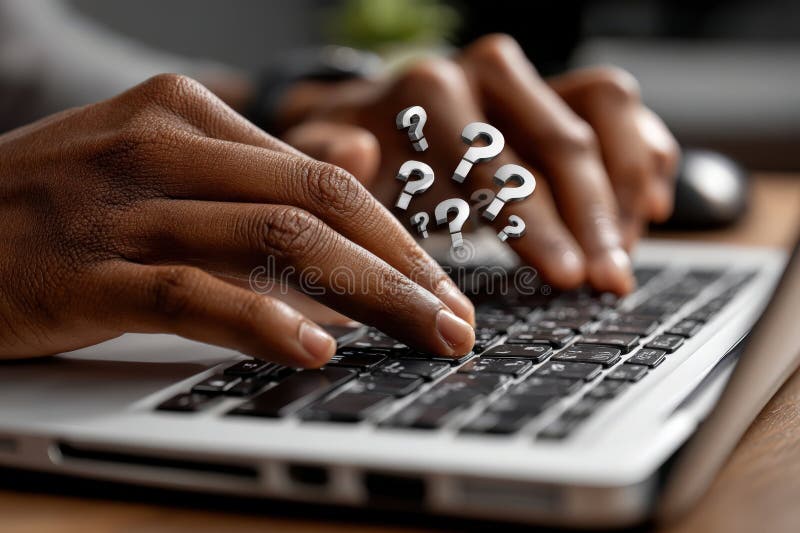 A Person Types on a Laptop, Question Marks Come from Their Fingers ...