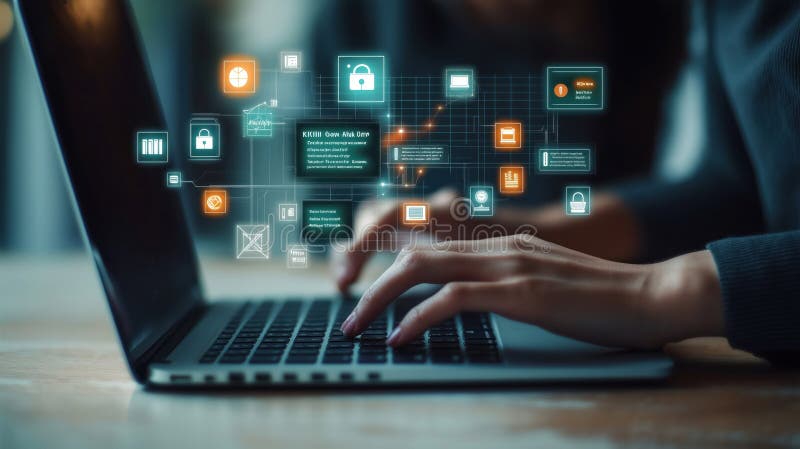 Person Types on Laptop. Tech Icons, Data Appear on Laptop Screen. Skill ...