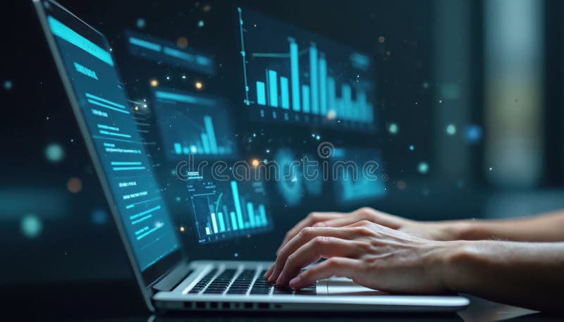 Person Types on Laptop with Virtual Data Graphs, Task Lists. Modern ...