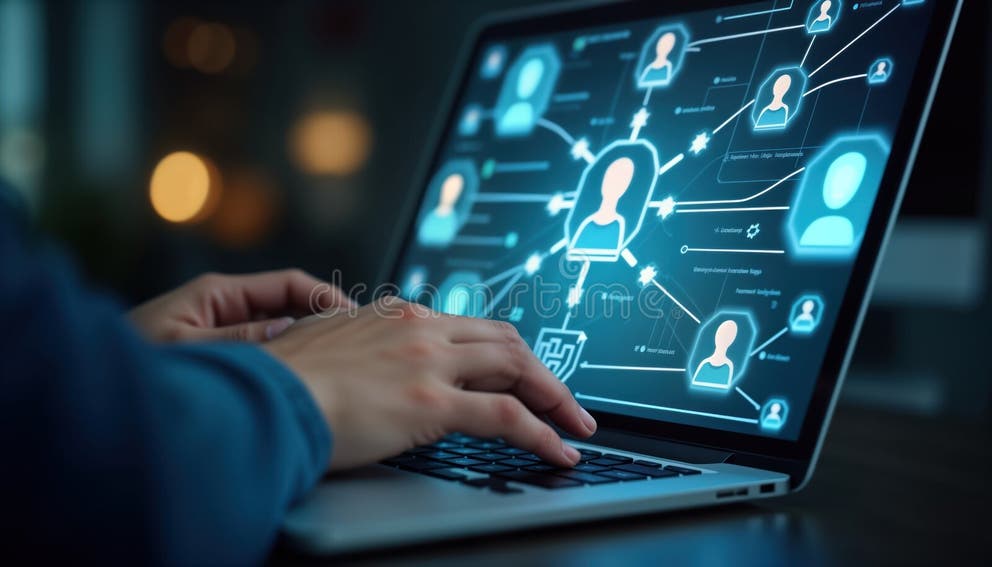 Person Types on Laptop with Virtual Profiles, Checklists Displayed. Interactive User Profile ...