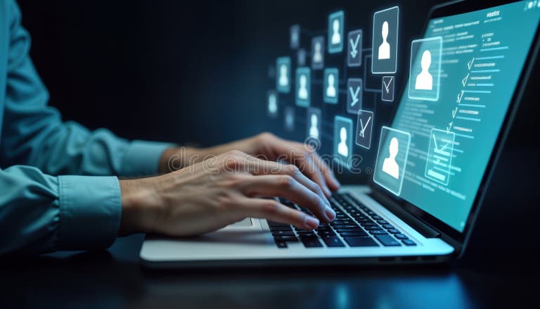 Person Types on Laptop with Virtual Profiles, Checklists Floating Above ...