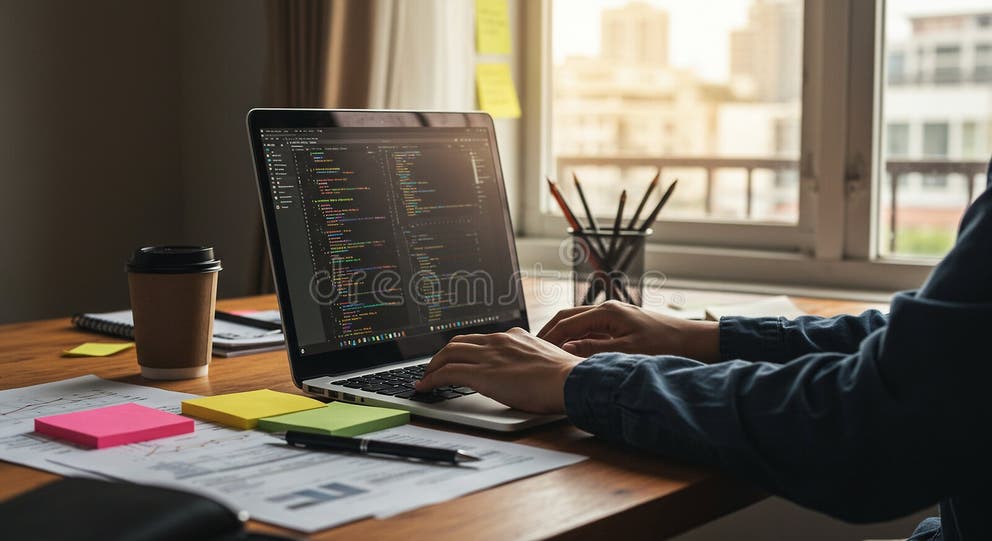 A Person Types on a Laptop with a Visible Code Editor Open, Suggesting ...