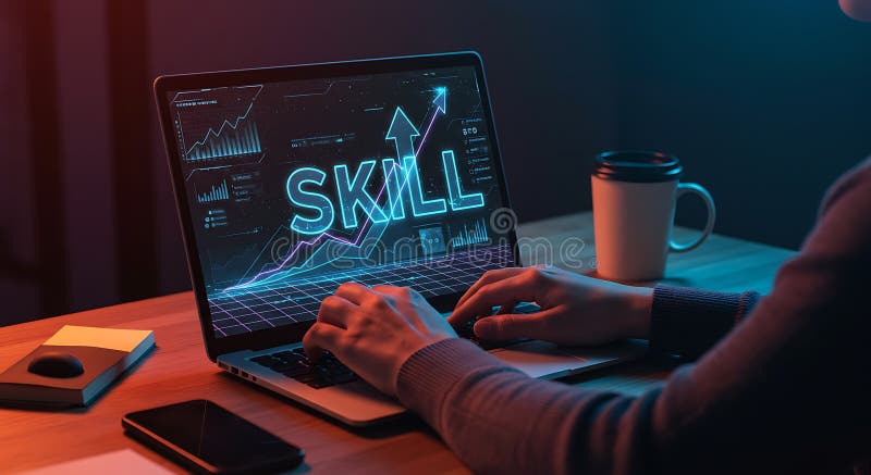 A Person Types on a Laptop, Where the Screen Displays the Word "SKILL ...