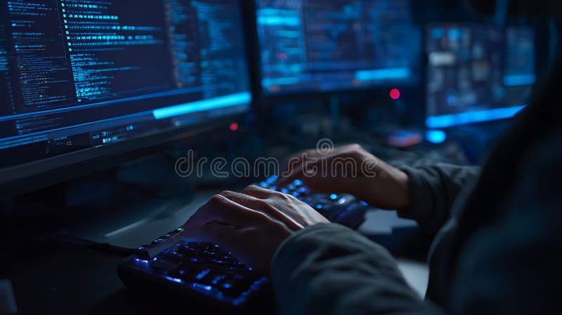 Person Typing on a Blue Backlit Keyboard in Front of Multiple Computer ...