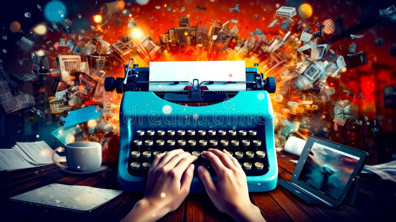 Person Typing on Blue Typewriter with City in the Background ...