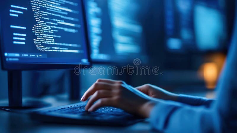 Person Typing Code on Computer in a Dark Room Stock Illustration ...