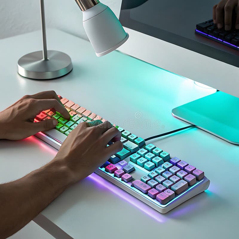 Person Typing on Colorful Keyboard Under Desk Lamp, Modern Workspace ...