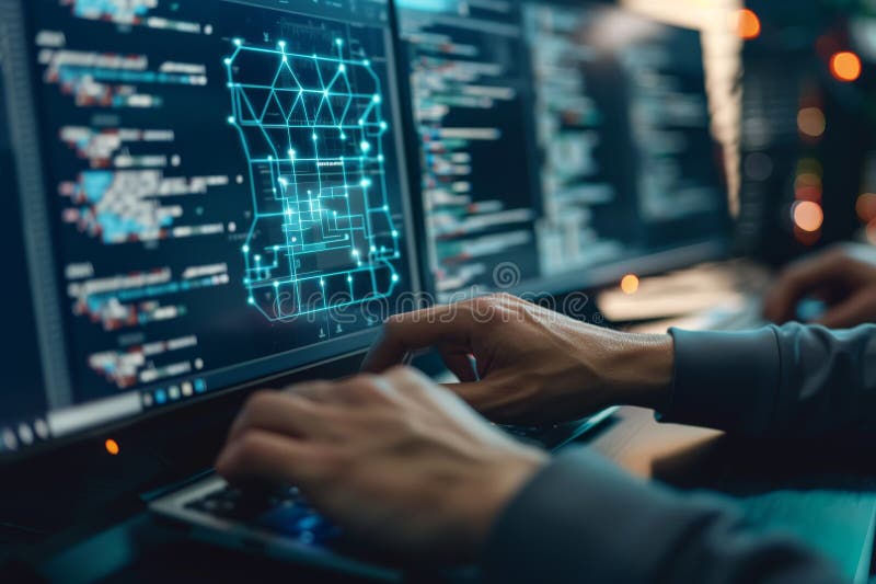 A Person is Typing on a Computer with a Blue Screen Stock Photo - Image ...