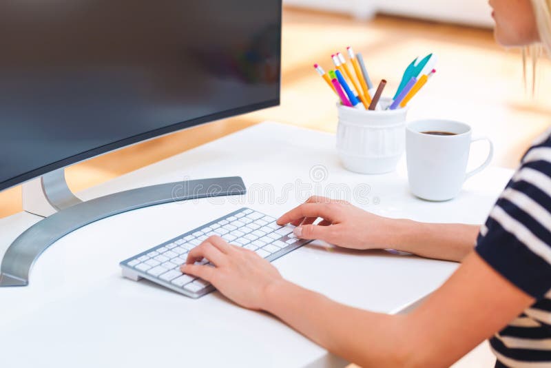 Person Typing at on Her Office Computer Stock Image - Image of work ...