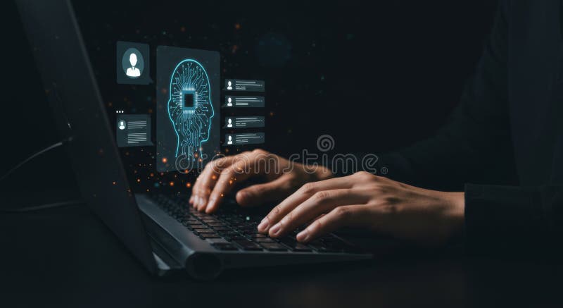 Person Typing on Keyboard with AI Chatbot Interface and Circuit Head ...