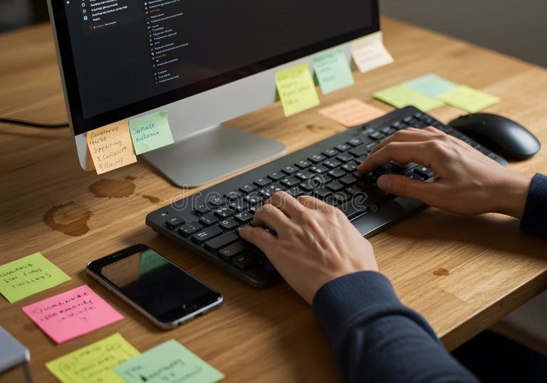 Person Typing on Keyboard at Computer Desk Stock Illustration - Illustration of software, person ...
