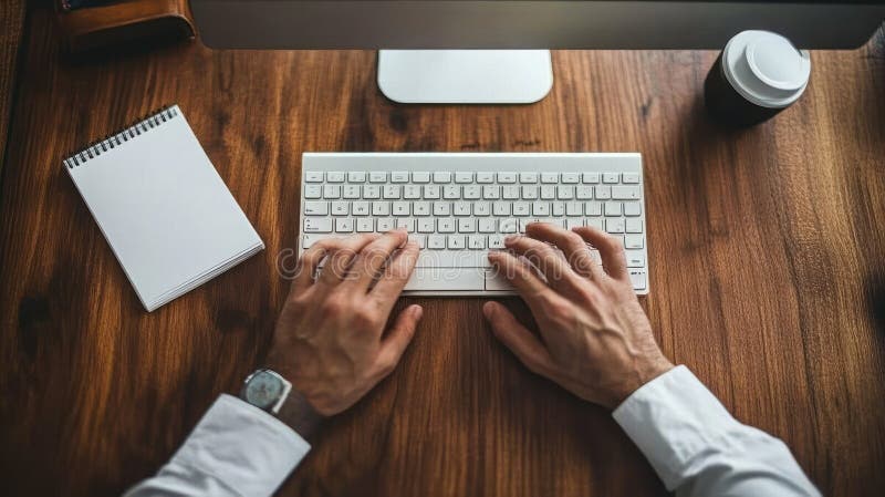 A Person is Typing on a Keyboard, with Their Hands Visible on the Table ...