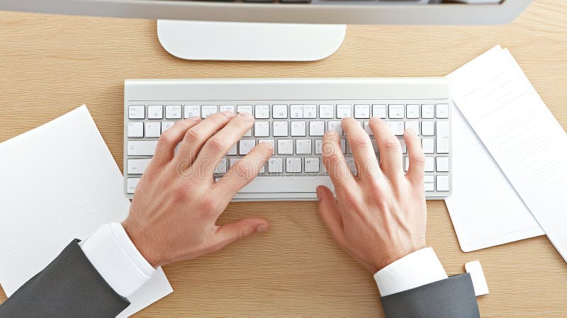 A Person is Typing on a Keyboard, with Their Hands Visible on the Table ...