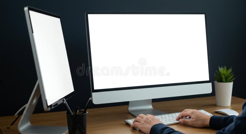 Person Typing on Keyboard with Two Blank Screen Desktop Computer Stock ...