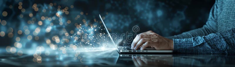 Person Typing on a Laptop with Blue Digital Effects Representing Data ...