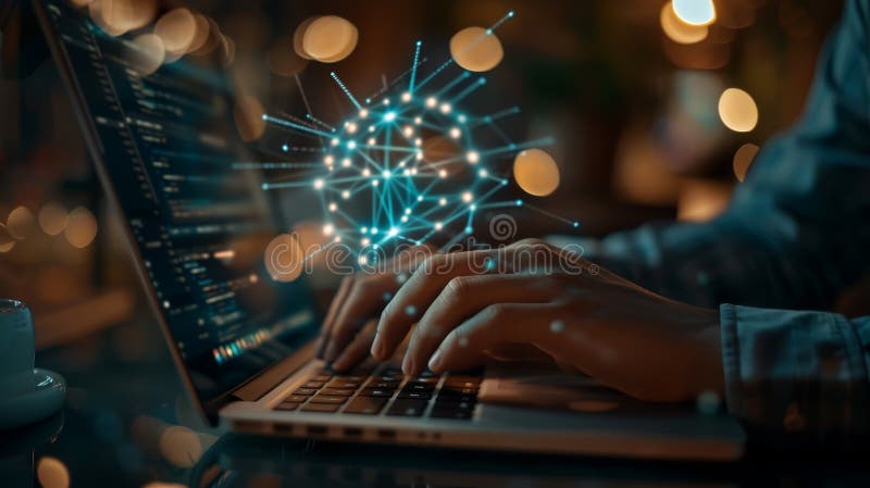 A Person is Typing on a Laptop with a Blue and White Design on the ...