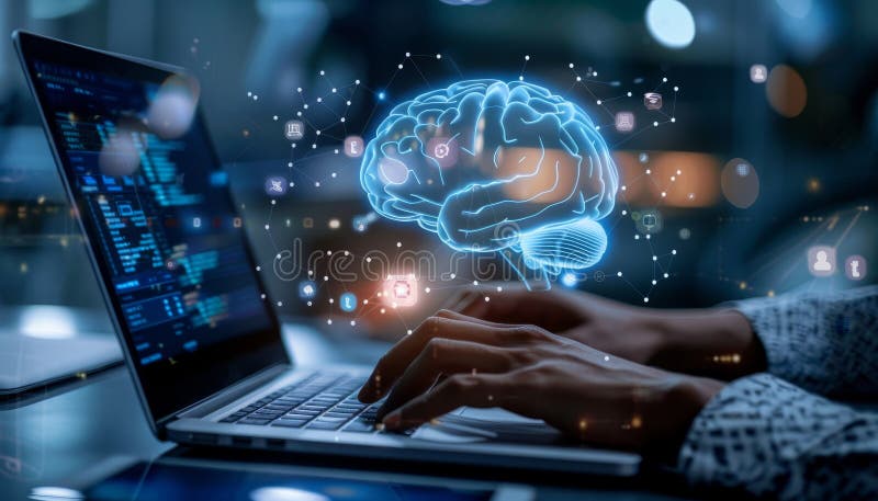 A Person is Typing on a Laptop with a Brain Image on the Screen by AI ...