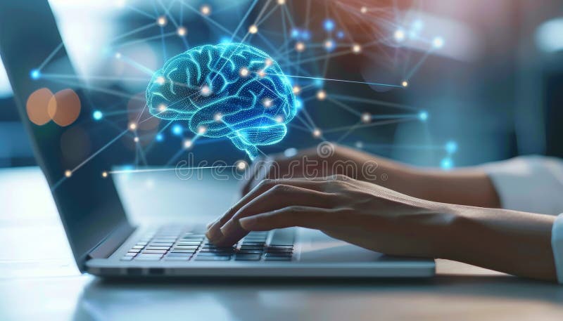 A Person is Typing on a Laptop with a Brain Image on the Screen by AI ...