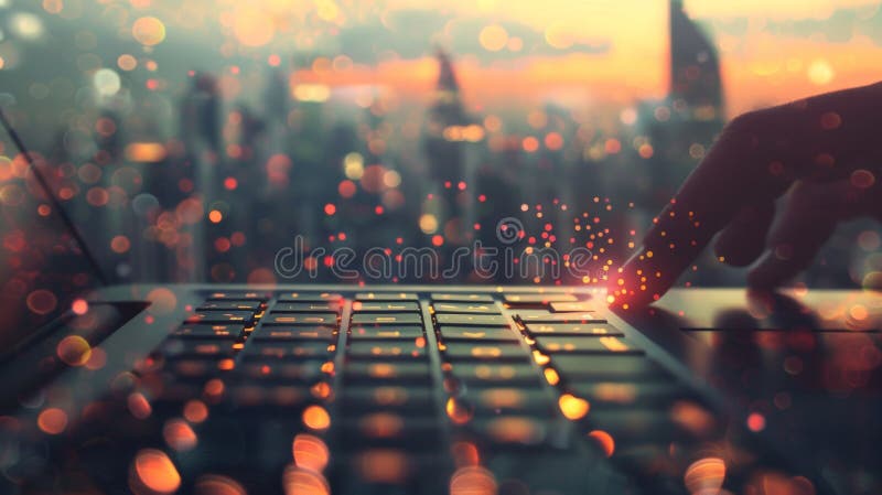 A Person Typing on a Laptop with City Lights in the Background, AI ...