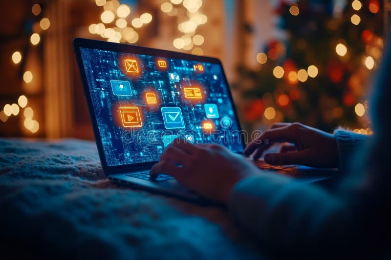 A Person Typing on a Laptop Computer in Front of a Christmas Tree Stock ...