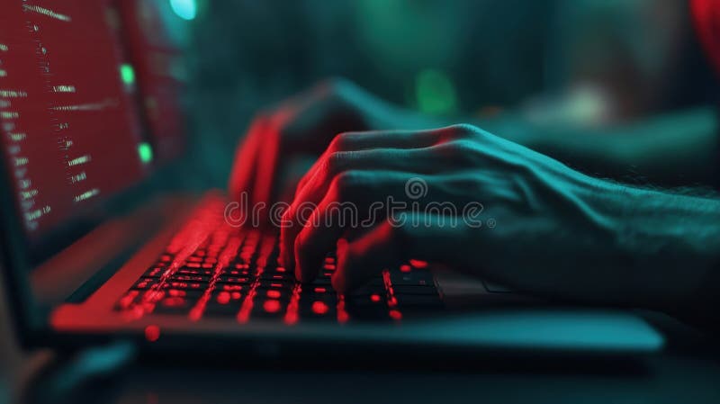 A Person Typing on a Laptop Computer with Red Lights Stock Illustration ...