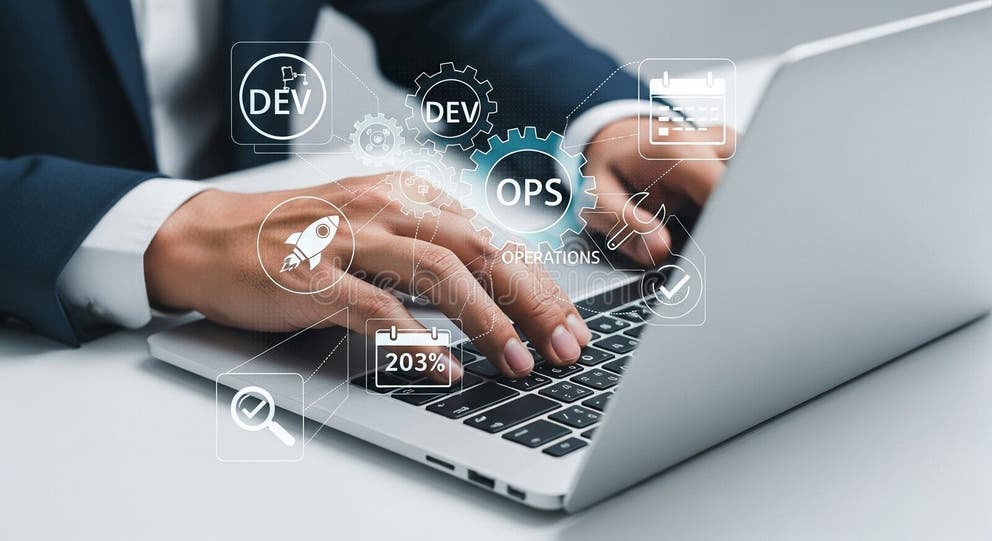 A Person Typing on a Laptop with Devops Icons Floating Above the Keyboard and Hands in the Image ...