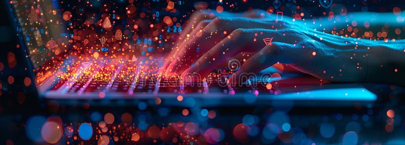 A Person Typing on an Laptop with Digital Connections and Data Flowing ...