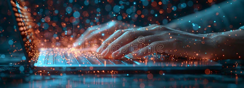 A Person Typing on an Laptop with Digital Connections and Data Flowing ...