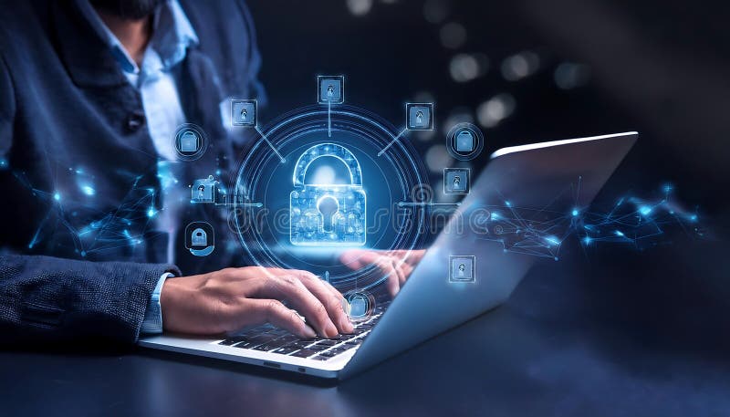 Person Typing on Laptop with Digital Lock Icons, Emphasizing Cybersecurity and Data Protection ...