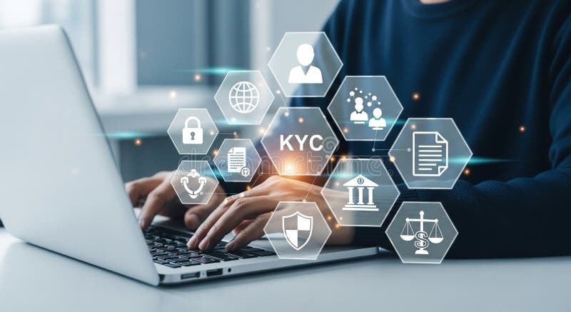 Person Typing on a Laptop with Kyc and Security Icons Displayed on the Screen in a Digital ...