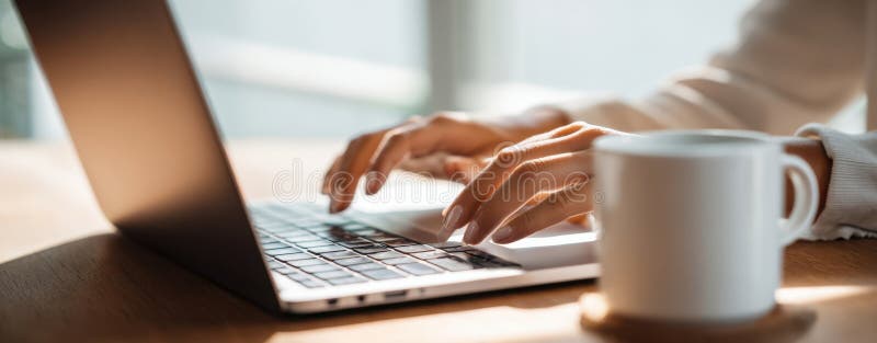 The Person Typing on a Laptop while Enjoying a Cup of Coffee. AI ...