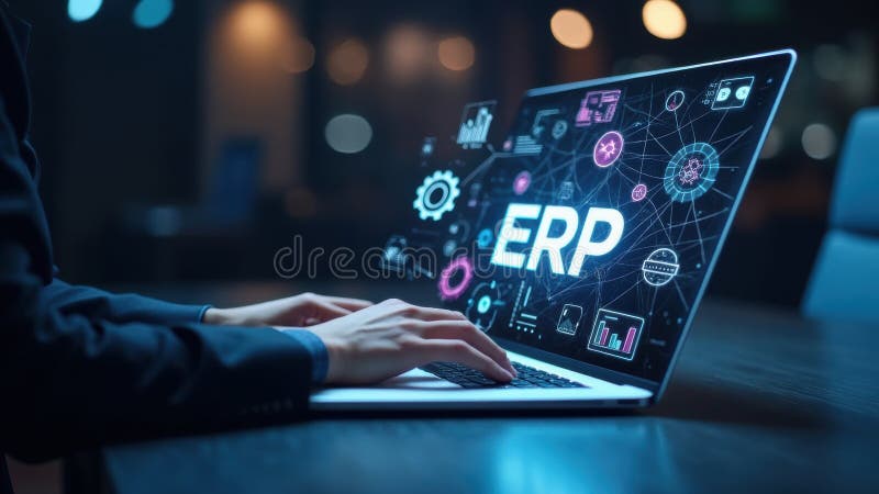 Person is Typing on a Laptop with ERP Written on the Screen Stock Image ...